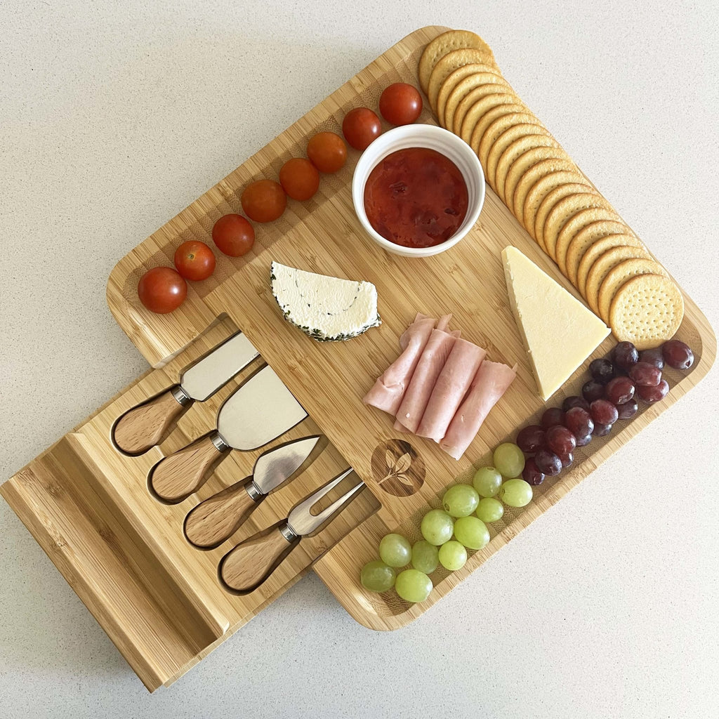 Bamboo Cheese Board & Cheese Knife Set with Slide-out Drawer – Cherish Home