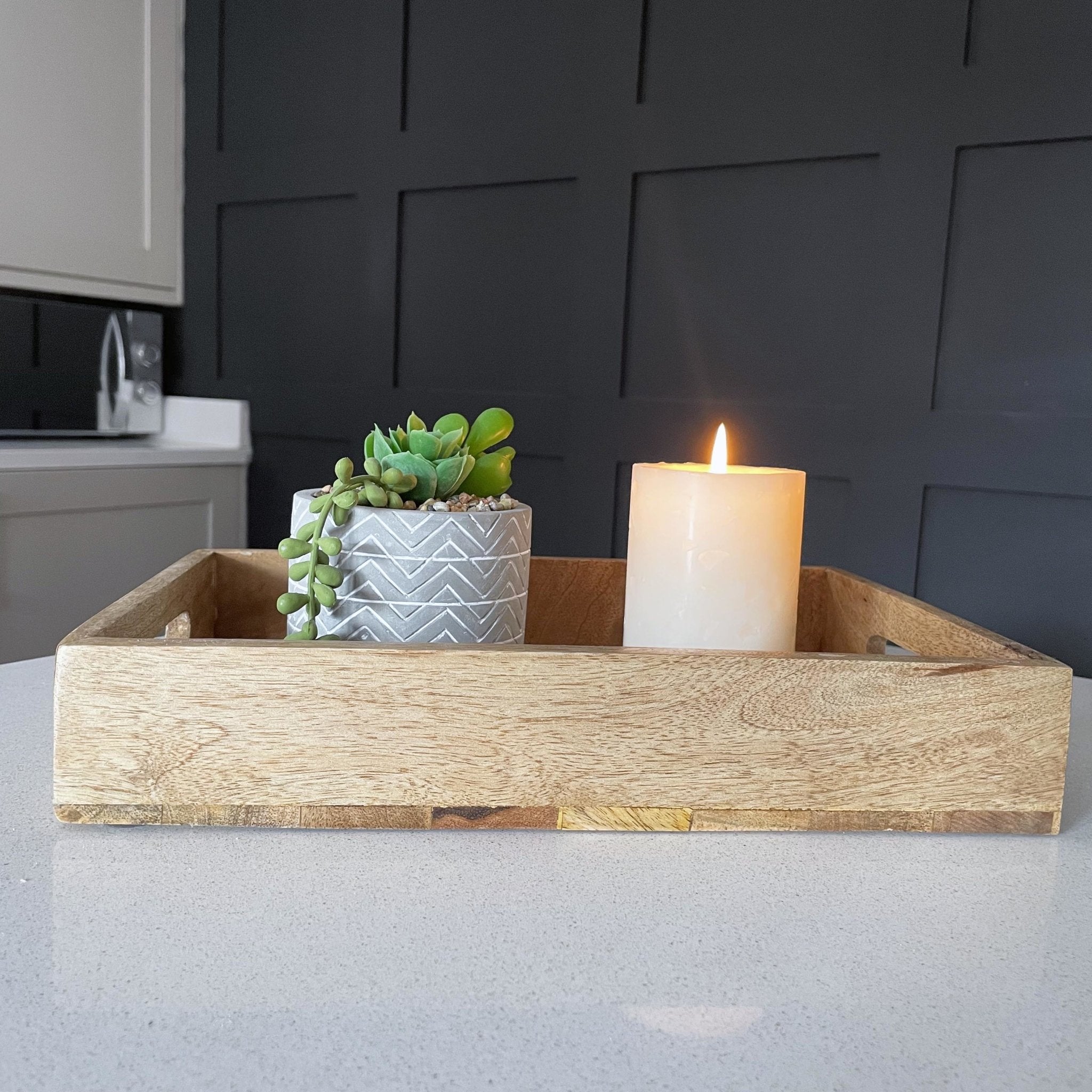 Rectangular Herringbone Wooden Serving Trays Mango Wood Set of Two Brown Natural Wood with Stunning Pattern Cherish Home